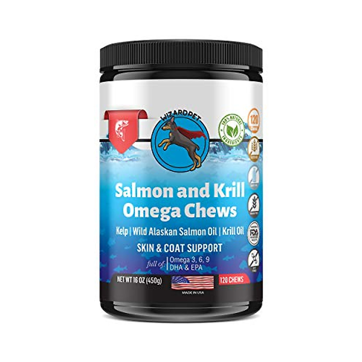 WIZARDPET Wild Alaskan Salmon & Krill Oil Chews for Dogs | 120 Soft Treats | Omega 3 6 9 Fish Supplement with EPA, DHA for Itch Free Skin Coat Joints | Allergy Relief | Reduce Hair Shedding | USA