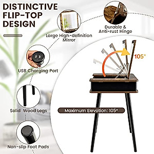 GOFLAME Vanity Table Set with Flip Top Mirror and Stool, Industrial Makeup Dressing Table with 3-Color Lighting Modes & USB Charging Port, 2-in-1 Vanity Desk & Writing Desk for Bedroom, Dressing Room