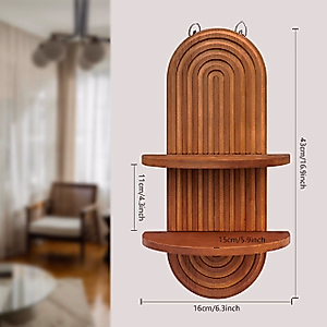ZELURA 2 Pieces Boho Wall Shelf, Mid Century Shelves, Double Shelves, Decorative Bohemian Rainbow Hanging Shelves for Bathroom, Bedroom, Kitchen, Living Room, Laundry Room (Brown)