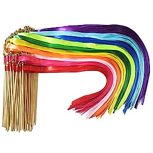 Kingsnow 100 Pieces Multi-Color Ribbon Wands Streamers Sticks with Gold Bell, Chromatic Silk Wish Wands Fairy Stick Party Rhythm Ribbon Streamers for Wedding Send Off Bridal Shower Party Photo Props Activities Holiday Celebration Favors