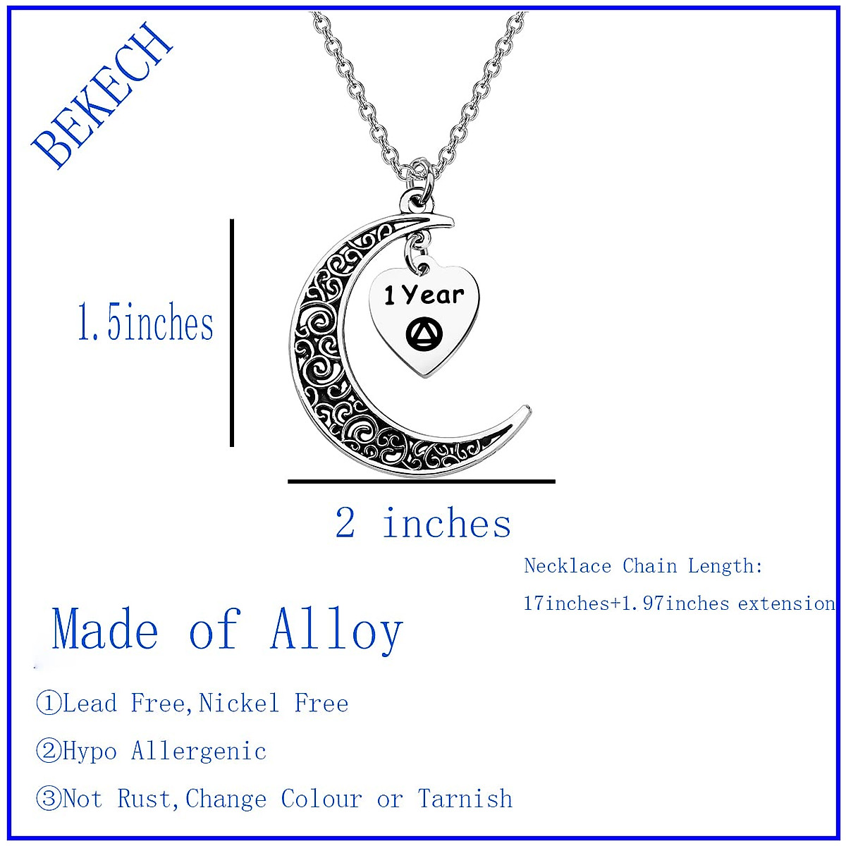 BEKECH AA Sobriety Anniversary Necklace 6 Month 1 Year 2 Year 3 Year Alcohol Addiction Recovery Gift for Stay Sober Warrior Sponser Men Women (silver 1 year)