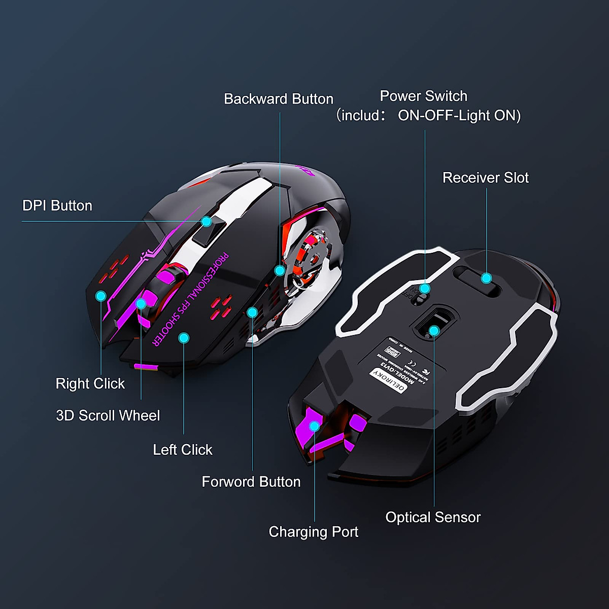 QELIROKY New 2.4G Wireless Rechargeable Gaming Mouse Silent Click with 6 Buttons, 3 Adjustable Levels DPI, Colorful LED Lights for Laptop, iPad, MacOS, PC, Windows, Android (Black)