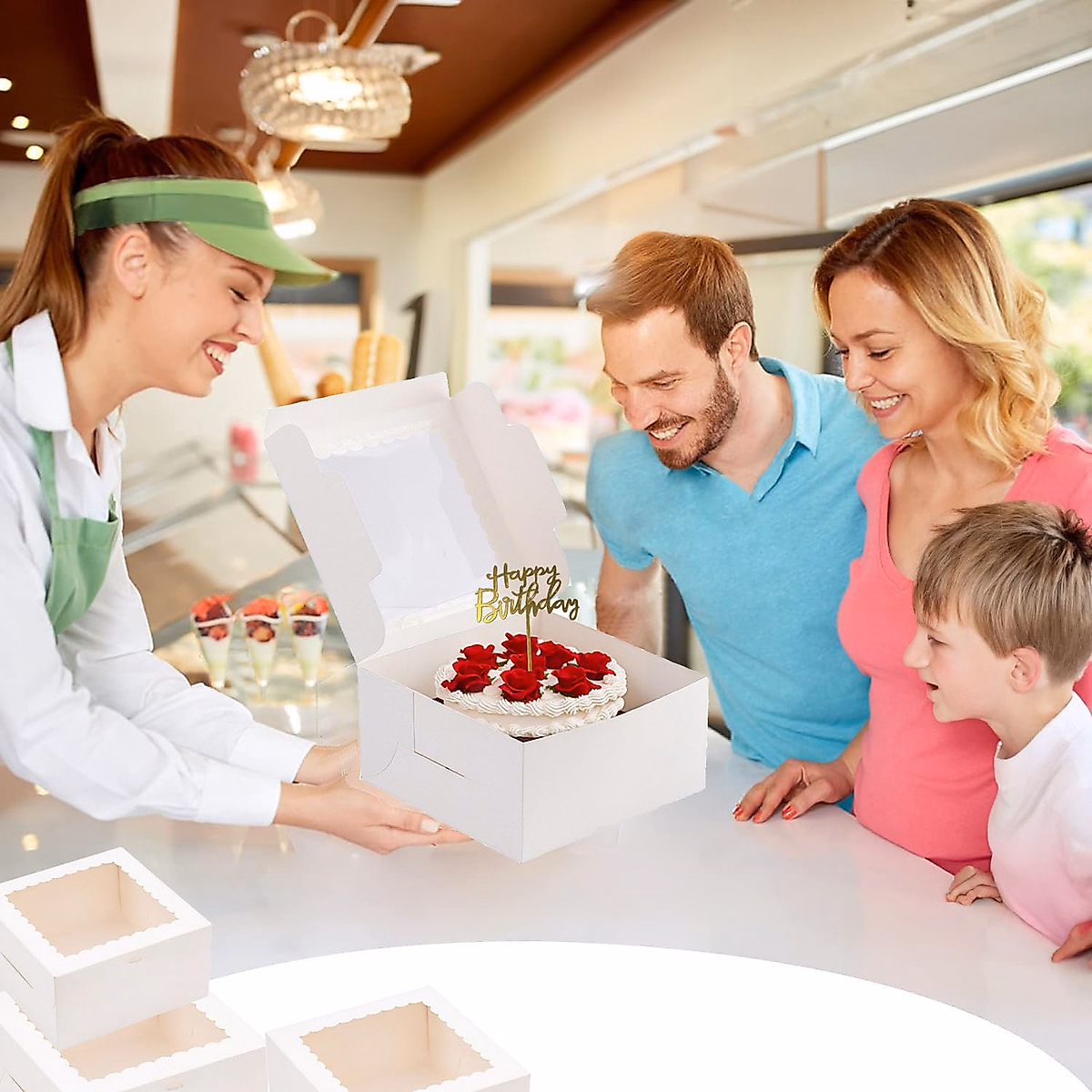 Exceptional Value Bundle | 4-Pack Cake Boxes (10x10x5 Inches) 4 Corrugated White Cake Boards & 4 Happy Birthday Cake Toppers. | 350 GSM Thick Sturdy Cardboard | Fancy Design See-Through Window |