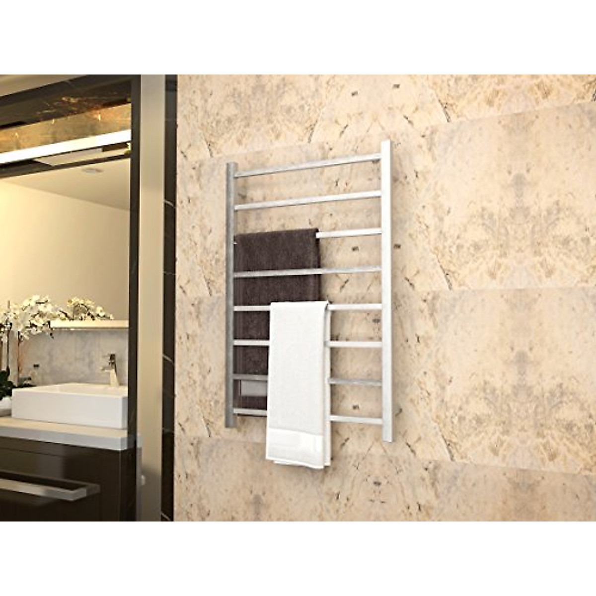 ANZZI Bell 8-Bar Wall Mounted Towel Warmer in Brushed Nickel | Energy Efficient 80W Electric Plug in Heated Towel Rack for Bathroom | Steel Towel Heater Rail On/Off Switch Drying Rack | TW-AZ026BN