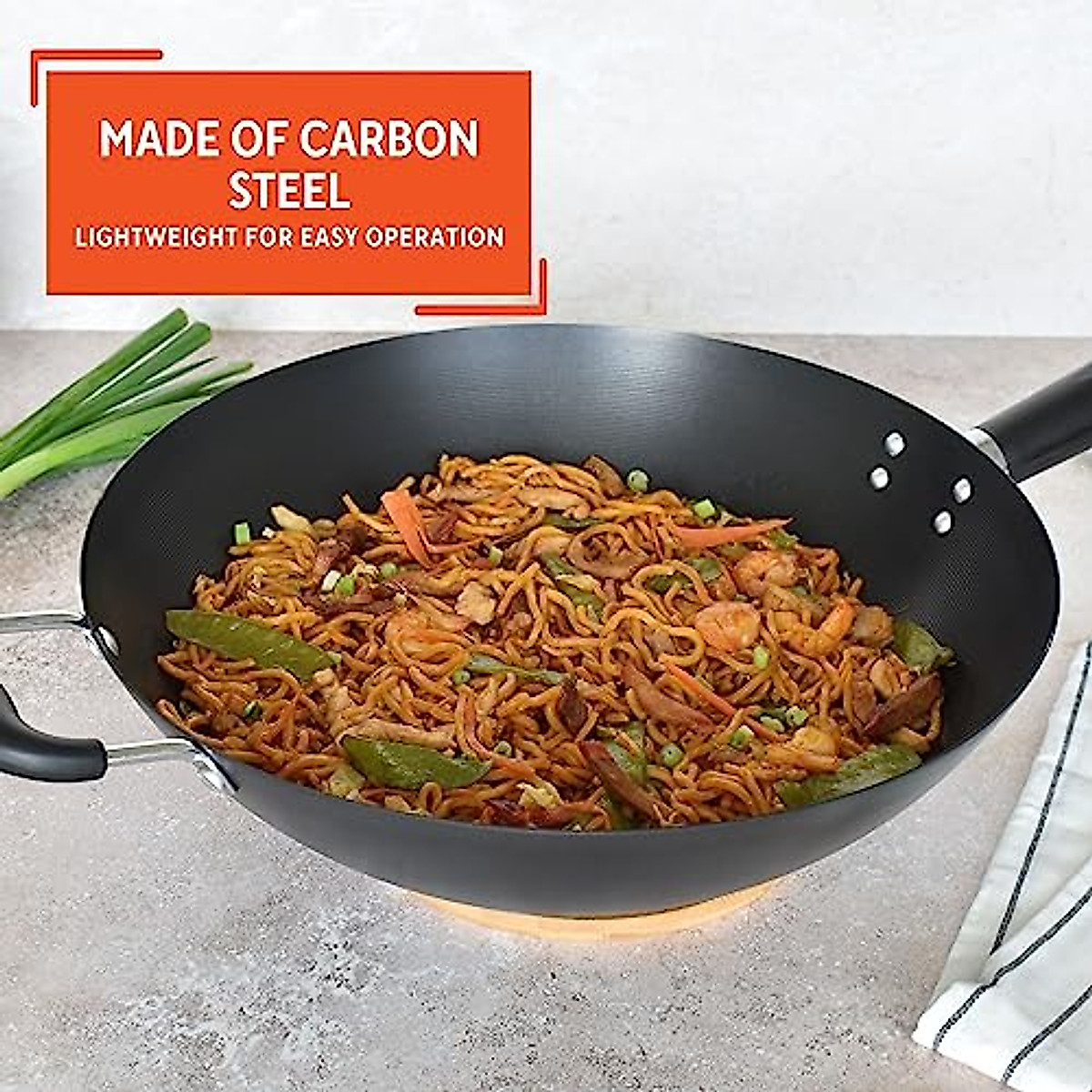 IMUSA USA 14" Traditional Nonstick Coated Wok with Triangle Helper Handle