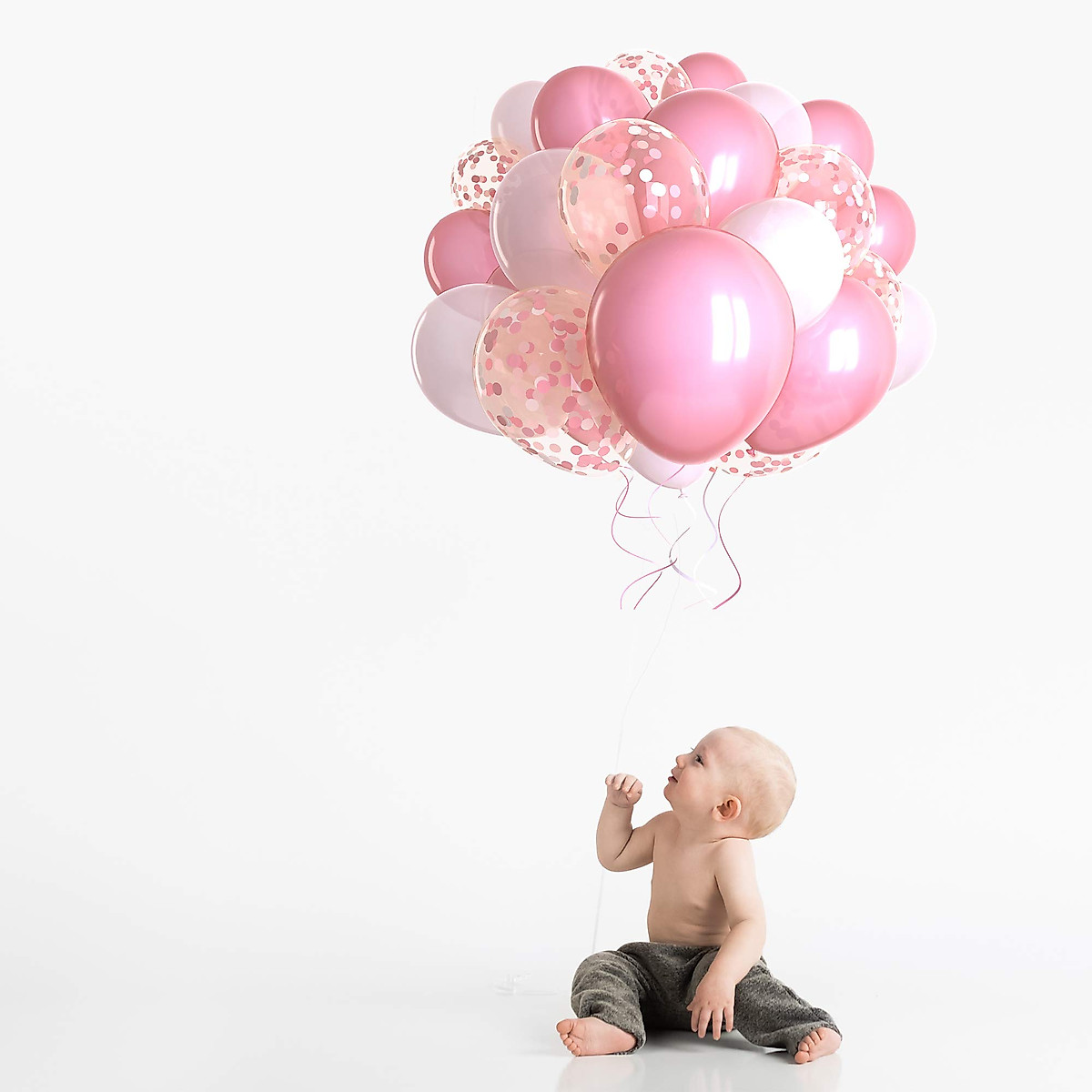 Dandy Decor 60 Pack Pink Balloons + Pink Confetti Balloons + White Balloons w/Ribbon | Light Pink Balloons | Pink Balloon | Pink Latex Balloons | Baby Pink Balloons | Bulk Balloons