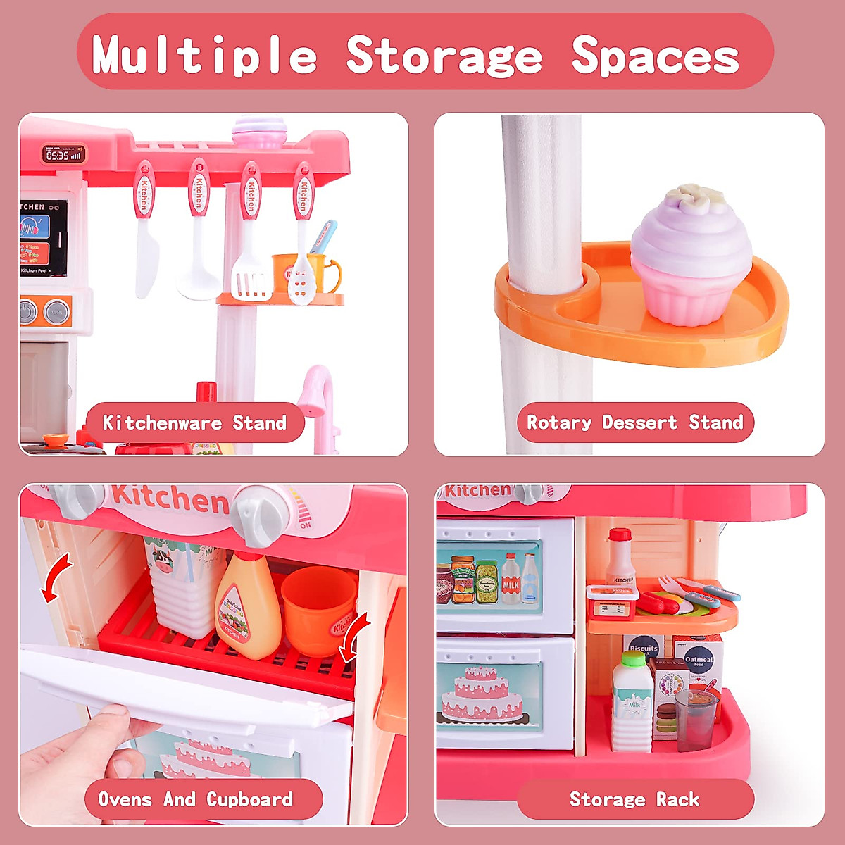 HCFJEH Kids Play Kitchen Toy Playset,Pink Kitchen Toy Set with Play Sink & Pretend Steam, Toddler Kitchen Accessories Set with Sounds & Light, Birthday for Boy Girl 3 4 5 7 8 Year Old