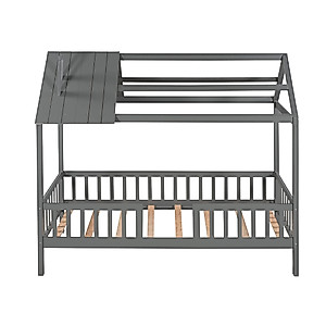 MERITLINE Twin House Bed Kids Montessori Beds Playhouse Tent Bed, Solid Wood Platform Bed Frame with Fence and Roof for Kids Teens Adults (Twin Size, Gray)