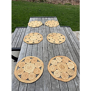 Flower Jute Placemats Set | 100% Natural and Eco-Friendly | Soft & Durable | Round 13" x 13" | Dining Room Table Mat in Natural Jute Color | No Artificial Color (6)