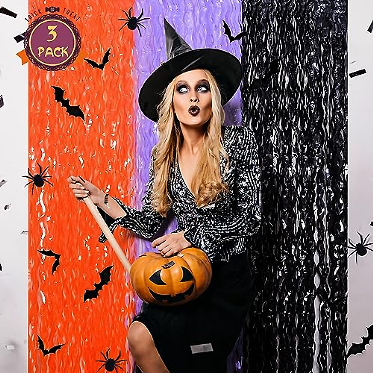 Mega-L Halloween Foil Fringe Curtains, 3 Pack Orange Purple Black Photo Booth Props, 18 Pcs PVC Bat & Spider Stickers Wall Decals, Halloween Photo Backdrop Wall Decor for Halloween Party Decorations