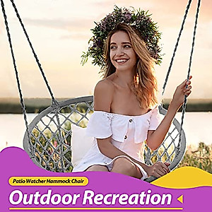 Patio Watcher Hammock Chair Hanging Macrame Swing with Cushion and Hardware Kits, Max 330 Lbs, Handmade Knitted Mesh Rope Swing Chair for Indoor, Outdoor, Bedroom, Patio, Yard, Deck, Garden, Gray