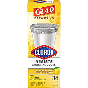 Glad Small Drawstring Trash Bags with Clorox, 4 Gallon Grey Trash Bags, Lemon Fresh Bleach Scent, 34 Count (Package May Vary)