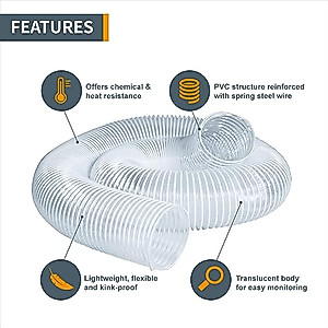 POWERTEC 70242 4" x 10' PVC Dust Collection Hose with 2 Stainless Steel Hose Clamps for Woodworking and Shop Vacuum, 4 Inch Dust Collector Hose for Dust Collection Fittings