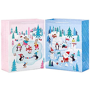 Hallmark 15" Extra Large Christmas Gift Bags (2 Bags: Pink and Blue, Penguins, Hedgehogs, Santa, Snowmen, Dog, Bunny Rabbits) for Kids, Grandchildren, Baby Showers