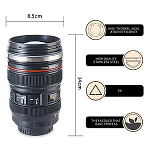 Newvenper Camera Lens Coffee Mug, 304 Stainless Steel Lens Insulated Travel Coffee Mug, BPA Free, Leak Proof, with 2 Lids, for Hot and Cold Drinking Coffee, Tea and Beer, 13.5floz