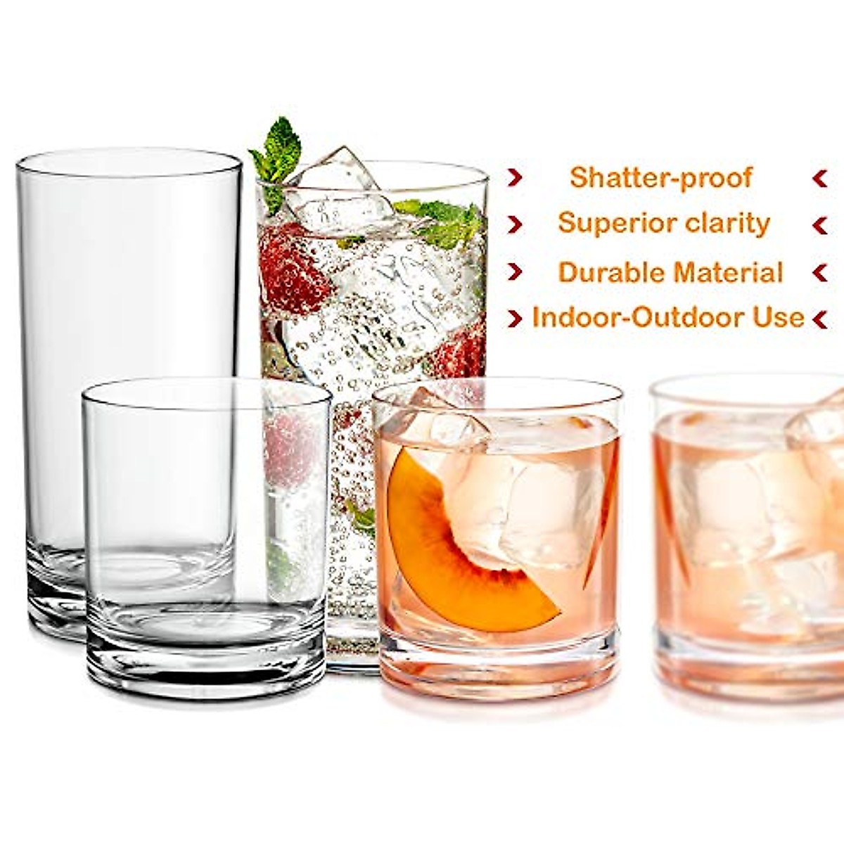 Le'raze Collins Glasses Elegant Acrylic Drinking Glasses [Set of 16] Attractive Clear Plastic Tumblers - Unbreakable Drinkware Set Ideal for Indoor and Outdoor - Kid Friendly