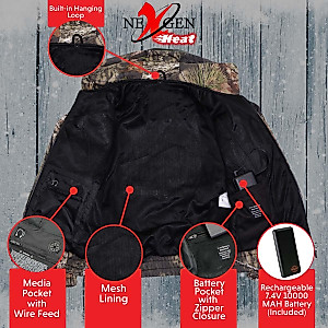 Nexgen Heat NXM1776SET Men's Camouflaged Heated Zipper Hoodies - Warming Camo Hoodie for Hunting w/Battery - XX-Large