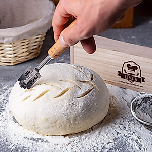 EROIR Hand Crafted Bread Lame Dough Scoring Tool in Wooden Storage Box for Sourdough Bread Baking - Dough Scoring Knife with 10 Extra Blades and a Protective Leather Cover