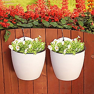 Jucoan 9 Pack Self Watering Hanging Planter, 5 Inch Dua-pots Lazy Flower Pot, White Plastic Wall Hanging Planter Pot with 9 Hooks for Garden Fence, Porch, Wall