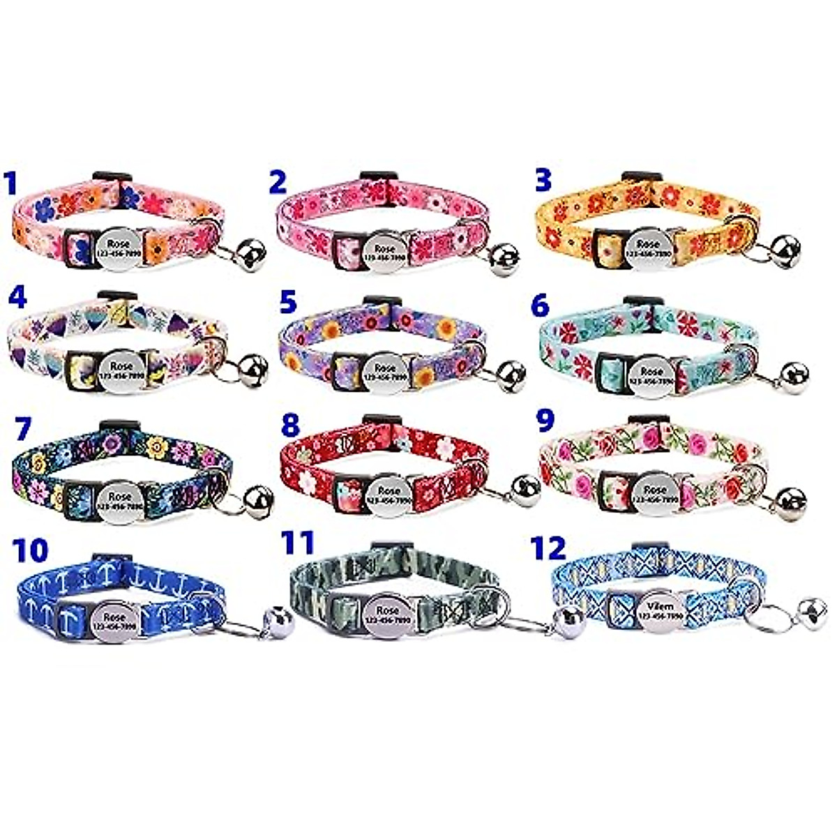 Moonpet Custom Personalized Breakaway Cat Collar with ID Name Phone Number Tag Plate/Customized Engraved Floral Pattern Boy Girl Cat Kitten Collar with Bell