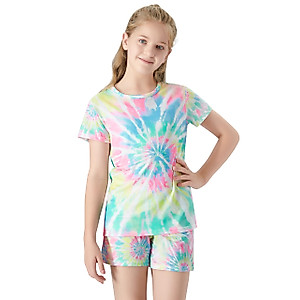 Topgal Little & Big Girls Tie Dye Rainbow Swirl Pajamas Tee & Shorts 2-Piece Sleepwear Set Cute Jammies Size 18