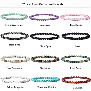 SONNYX 12 Pieces 4mm Mini Gemstone Bracelets for Women Men Natural Stone Bracelets Handmade Crystal Beaded Stretch Bracelet Unisex Couple Bracelets