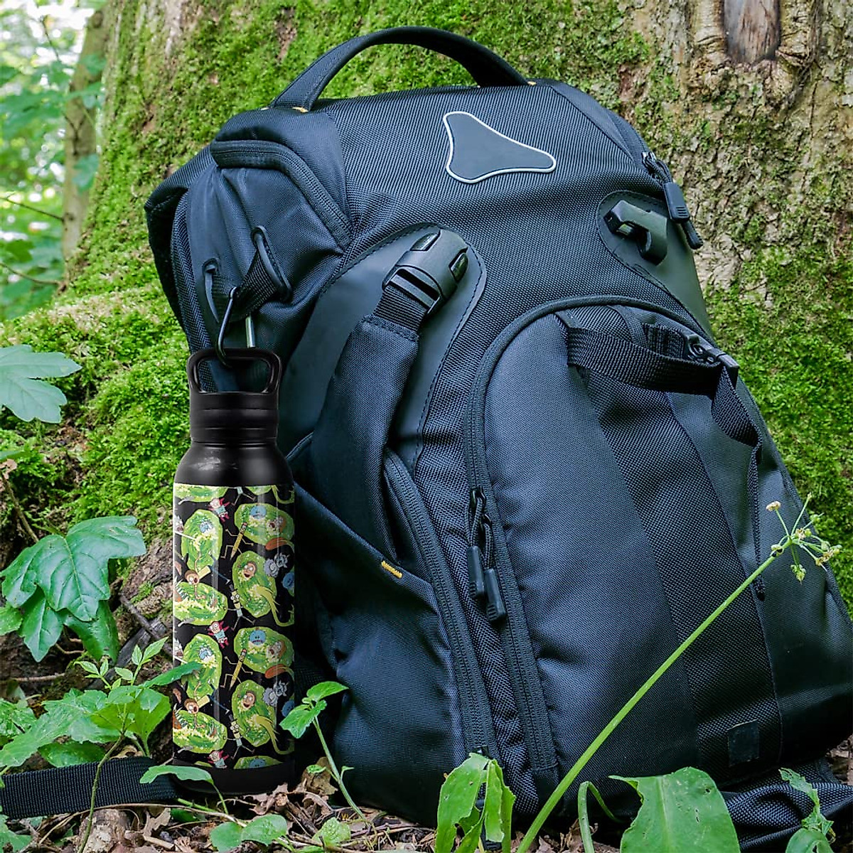 Rick And Morty OFFICIAL Portal Mayhem 24 oz Insulated Canteen Water Bottle, Leak Resistant, Vacuum Insulated Stainless Steel with Loop Cap, Black