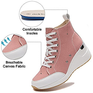 Pink High Top Canvas Wedge Sneakers for Women Canvas Shoes Non-Slip Lace Up Women Platform Sneakers