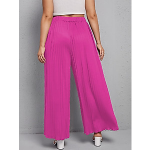 WDIRARA Women's Plus Size Pleated Elastic Waist Wide Leg Casual Long Pants Hot Pink 1XL