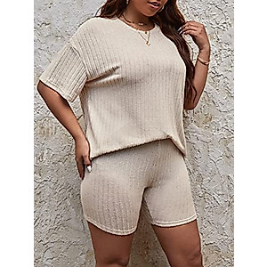 MakeMeChic Women's Plus Size Pajama Set Lounge Set Short Sleeve Tops Biker Shorts Workout Sets Tracksuit Plus Khaki 0XL