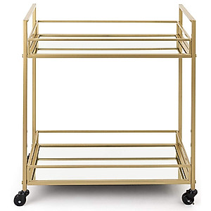 Displays2go Rolling Metal Bar Cart, Mirrored Glass Shelves, Four Swiveling Casters - Gold (FSBEVCART1)