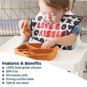 Tiny Twinkle Silicone Suction Baby Plate, Suction Grip Divided Dish for First Foods and Self-Feeding Toddlers, Baby Led Weaning Supplies for Independent Eating (Cinnamon Plate)