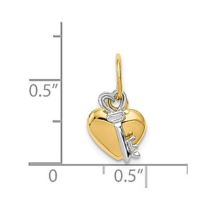 Solid 14k Yellow and White Gold Two Tone Key and Heart Lock Charm Pendant - 15mm x 9mm