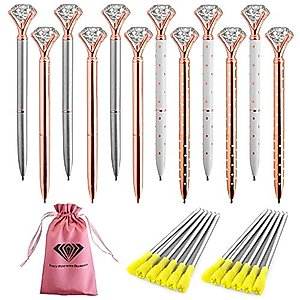 12 Big Diamond Ballpoint Pens Rose Gold – 12 Ink Refills Black & Blue, Fancy Gift Bag for Women Girls Bridesmaid Coworker, Top Cute Office Supplies Cool School Crystal Bling Jewel Writing Pen Bulk Set