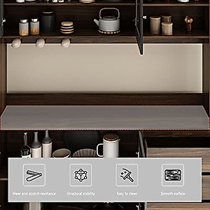 DiDuGo Kitchen Hutch Storage Cabinet with Glass Doors, Pantry with 4 Drawers & Shelves, Hanging Hooks, Metal Legs, for Hallway Deep Walnut (62.9”W x 15.7”D x 74.8”H)