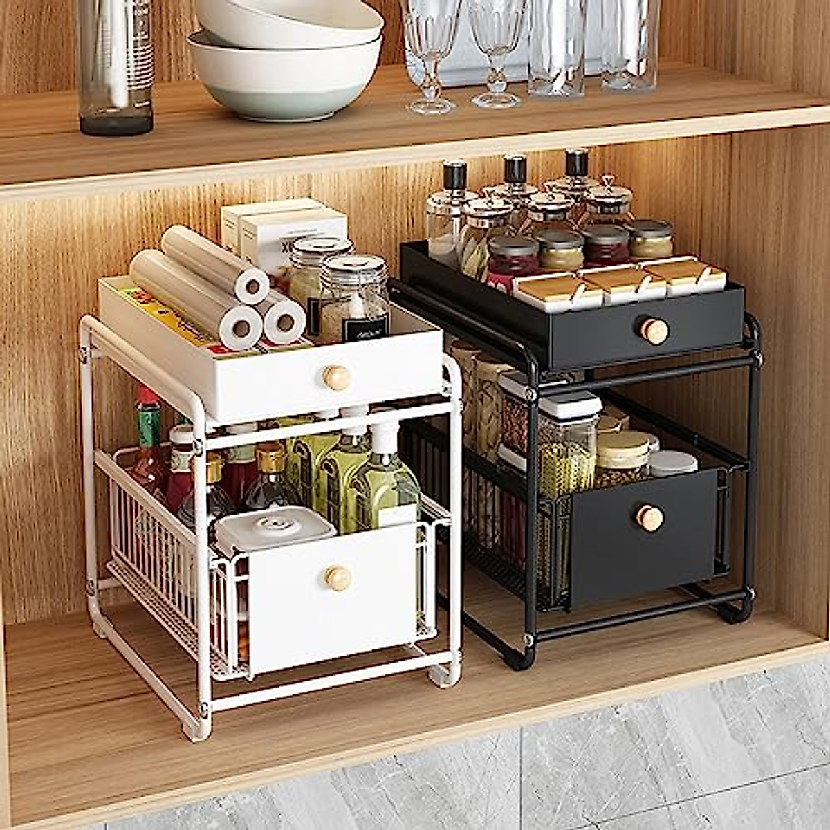 RIAAJ Kitchen Sink Shelf 2 Tier Under The Sink Organizer Sliding Countertop Organizer Slide Out Cabinet Drawer Organizer, Spice Rack Metal Basket Home Shelf for Bathroom Kitchen Sink Organizer, #2