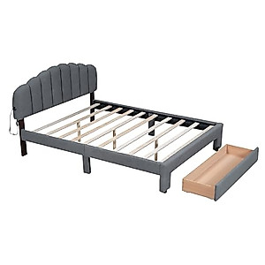 HAUSHECK Upholstered Bed Frame Queen Size with Teddy Fleece Headboard, Big Drawer, Smart LED Lights and 2 USB Ports, Modern Queen Platform Bed Frame w/Wooden Slats Support, No Box Spring Needed