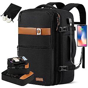 POWAITER Travel Backpack for Women Men, Large Expandable Carry on Backpack Flight Approved with 4 Packing Cubes & Luggage Tag-Black