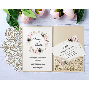 Rodvanvo 20 Pcs Laser Cut Wedding Invitations Card Pocket with Envelope for Birthday Party Baby or Bride Shower Invite suitable for 5 * 7 Inches Insert Paper (Champagne)