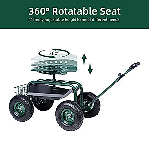 Endynino Rolling Garden Cart Wagon Scooter Lawn Yard Patio Work Seat Gardening Stool Cart with Extendable Steer Handle and Storage Basket, Adjustable 360° Swivel Seat Outdoor, Green