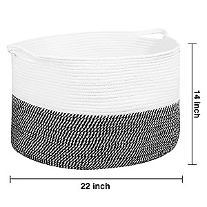 Large Woven Cotton Rope Storage Basket with Handle Laundry Basket Baby Toy Storage Basket Clothes Blanket Basket Bedroom Living Room Laundry Basket (22''*14'') (black & white)