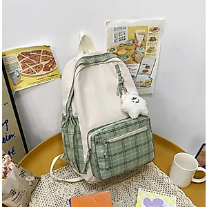 MBVBN Cute Plush Pendant Plaid Backpack Patchwork Travel Student Laptop Bag (Green), Medium