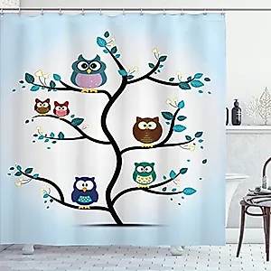 Ambesonne Owl Shower Curtain, Owl Family Perched a Tree Love Grace Nocturnal Eyed Night Animals in The Nature Print, Cloth Fabric Bathroom Decor Set with Hooks, 69" W x 84" L, Multicolor