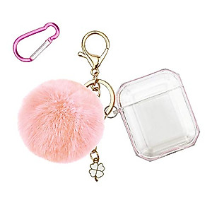 MOLOVA Case for Airpods 1 Case, Protective Soft TPU Clear Cover with Keychains Silicone Skin Cover with Cute Four Leaf Clover Fluffy Fur Ball for Kids Teens Boys Girls (Clear Pink)