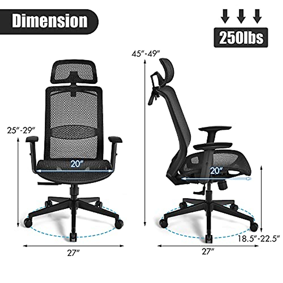 GOFLAME Ergonomic Mesh Office Chair, Swivel Executive Chair with Reclining High Backrest, Rotatable Headrest, Clothes Hanger and Lumbar Support, Height Adjustable Computer Desk Chair (Black)