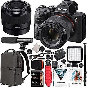 Sony a7R III Mirrorless Full Frame Camera Body + 50mm F1.8 FE Fast E-Mount Lens SEL50F18F ILCE-7RM3A/B Bundle with Deco Gear Backpack + Microphone + LED + Monopod and Accessories Kit
