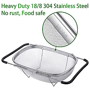 6-Quart Large Over The Sink Colander, 18/8 Stainless Steel Fine Mesh Strainer Basket with Expandable Rubber Grip Handles - Strain, Drain, Rinse Fruits, Vegetables