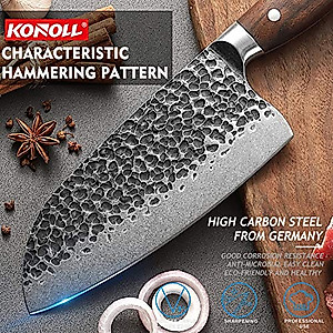 KONOLL Meat Cleaver 7 inch Forged Hammered Kitchen Knife German High Carbon Steel Chinese Knife with solid wood Handle，Butcher knives Vegetable Cutting Knife