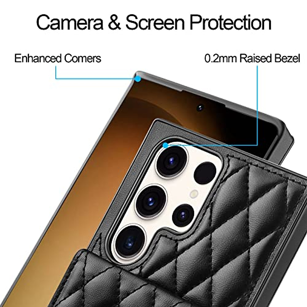 Coolden for Galaxy S23 Ultra Cases 6.8" Quilted Leather Women Luxury Phone Cover Crossbody Strap Kickstand Slim Square Armor Card Holder Slots Wallet Case for Samsung Galaxy S23 Ultra, Black