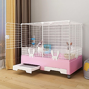 Rabbit Cage Indoor Bunny Hutch with 2 Pull-Out Trays and Urine Guard Small Animal Cage with Accessories Metal Wire Netting Villa Small Animals House for Ferret Chinchilla (Color : Pink, Size : A)